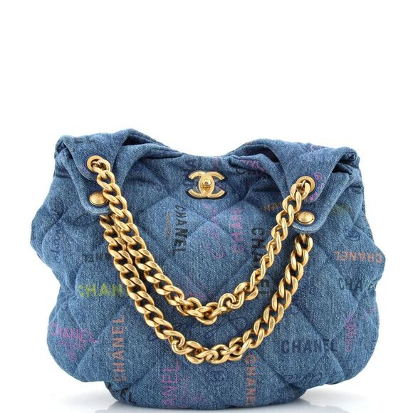 CHANEL | Bags | Chanel Denim Mood Hobo Logo Printed Quilted Denim Maxi ...